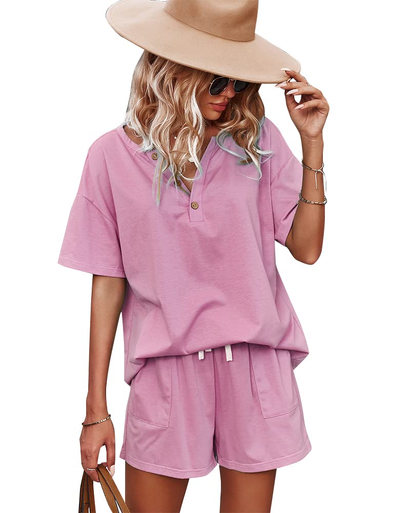 ADDHEAT Women's Summer Sets Short Sleeve Top and Shorts 2 Piece Tracksuit Outfits Lotus M