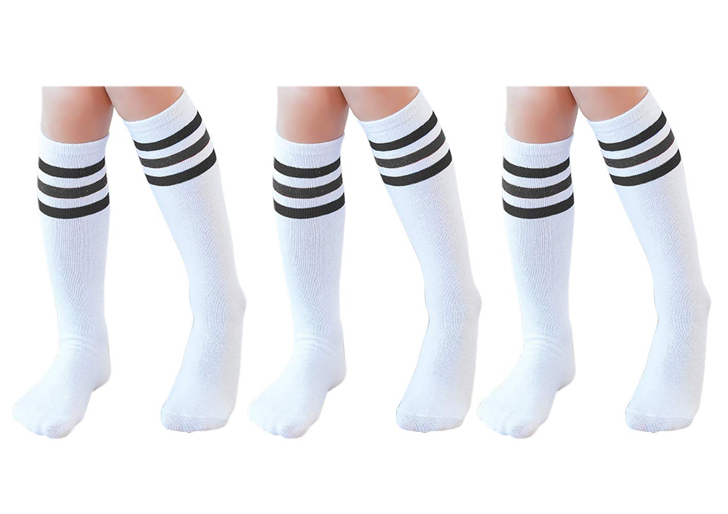 TOCONFFON Knee High Tube Socks for Boys, Girls, Baby, Toddler & Child 3 Pairs(Black Strips,13.5in/34cm(4-8Years))