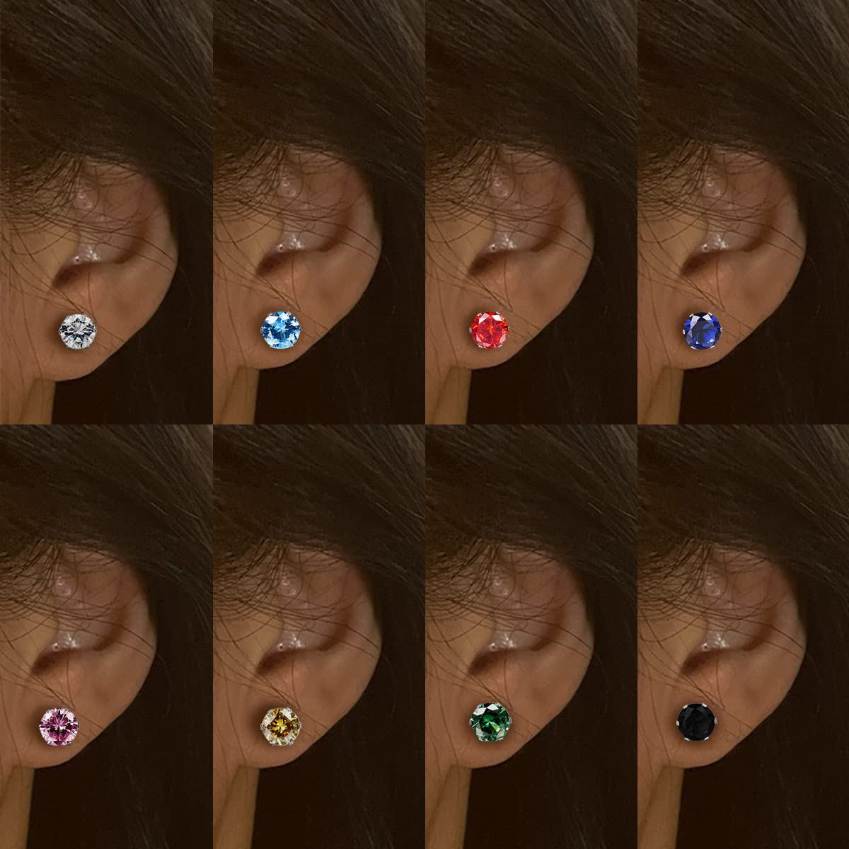 8 Pairs Stainless Steel Non-piercing Stud Earrings Colors Cubic Zirconia Magnetic Stud Earring Set for Women Men (6mm)