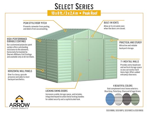 Arrow Select 10' x 8' Outdoor Lockable Steel Storage Shed Building, Sage Green