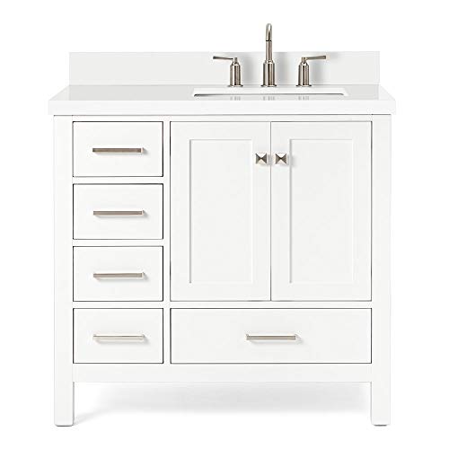 ARIEL 37" White Bathroom Vanity with 1.5" Edge Pure White Quartz Countertop & Backsplash, Right Rectangular Sink, 2 Soft Closing Doors, 5 Full Extension Dovetail Drawers, Brushed Nickel