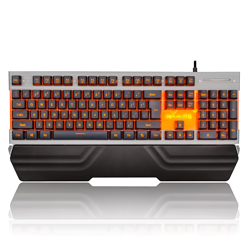 7KEYS K8 Gaming Keyboard USB Wired with Premium Big Wrist Rest, Floating Gaming Keyboard with Orange Led Backlit, Durable Metal Panel, Quiet Mechanical Feeling Keyboard, Ergonomic for PC Desktop
