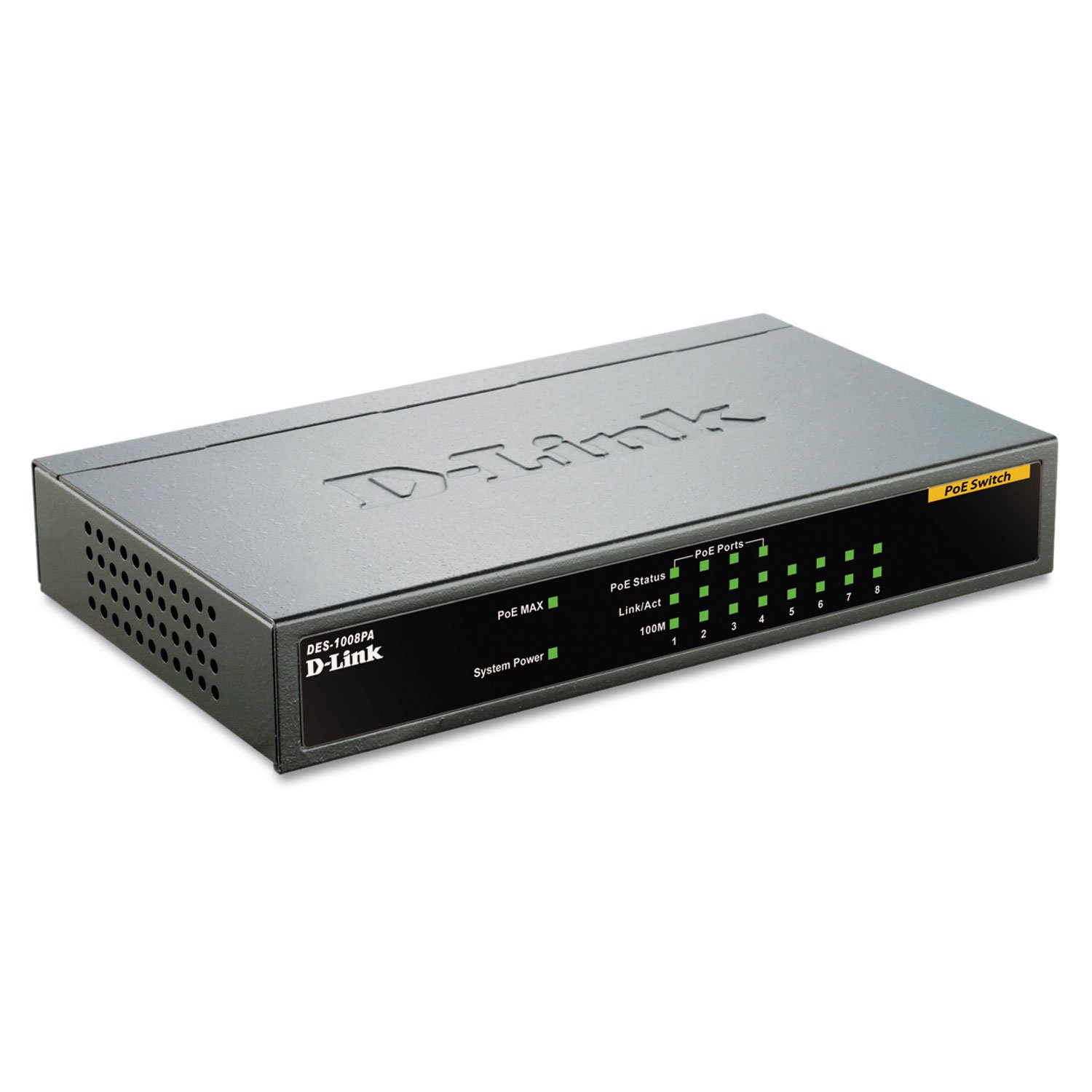 D-Link Fast Ethernet Switch, 8 Port Unmanaged w/ 4 PoE Ports (802.3AF) Desktop Network Internet 10/100 Plug n Play (DES-1008PA)