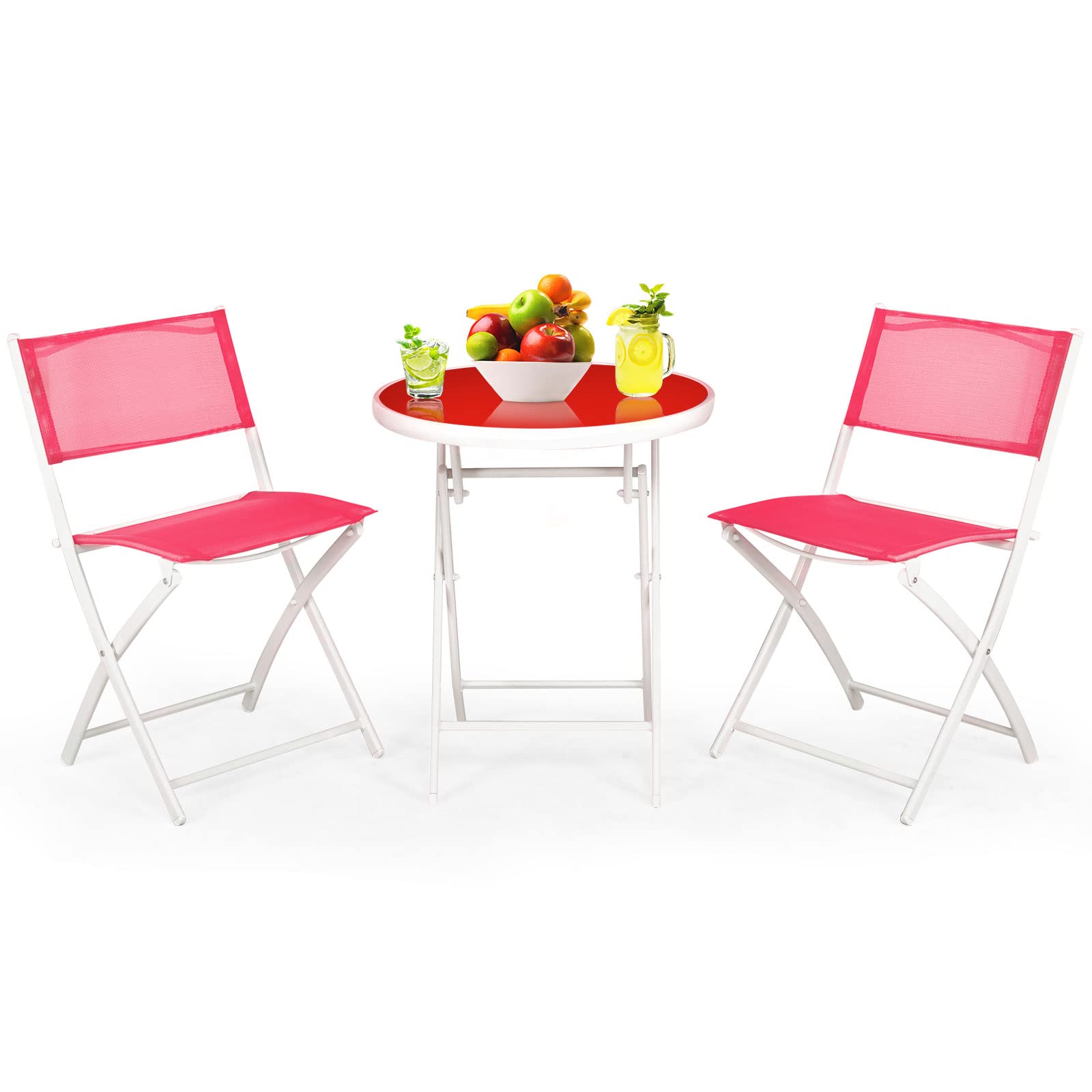 HAPPYGRILL 3 Pieces Patio Folding Bistro Set, Outdoor Foldable Chair & Table Set with Breathable Fabric, Tempered Glass Tabletop, Small Conversation Furniture Set for Porch Balcony Poolside Yard
