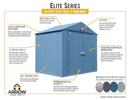 Arrow Shed Elite 8' x 6' Outdoor Lockable Steel Storage Shed Building, Cool Grey