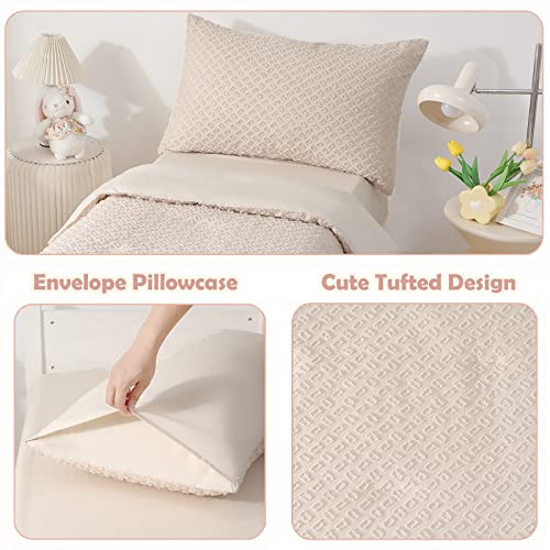 Cozyholy 4 Pieces Boho Tufted Toddler Bedding Set for Girls Boys Beige Soft Jacquard Embroidery Bed Sheets Set Comforter Set for Baby Kids | Include Comforter, Flat Sheet, Fitted Sheet, Pillowcase