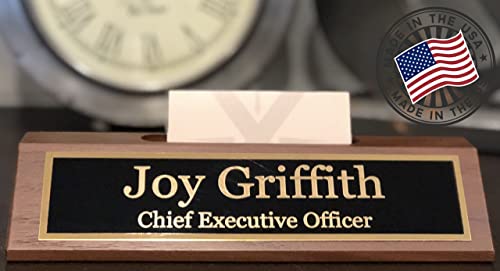 Griffco Supply Desk Name Plate Personalized - Name Plate for Desk with Card Holder - PhD Graduation Gifts Genuine Hardwood Nameplate for Desk - Made in USA Custom Plaque (Walnut)