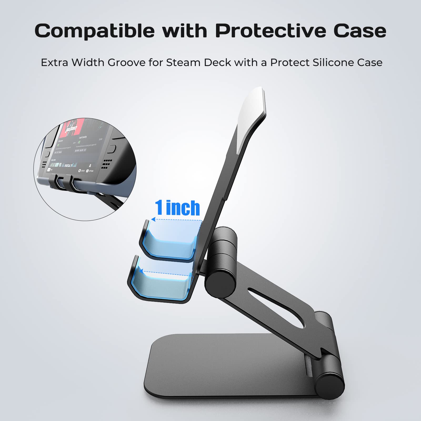 Adjustable Holder Stand Base for Steam Deck, Aluminum Alloy Foldable Anti-Slip Desk Playstand Dock Cradle, Thick Case Friendly, Multi-Angle Viewing For Switch, Steam Deck, iPad, other Mobile Phones