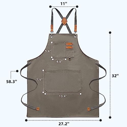 Bluegogo Chef Aprons for Men Women, Cotton Canvas Cross Back Adjustable Apron with Large Pockets for Kitchen Garden Salon (Grey)
