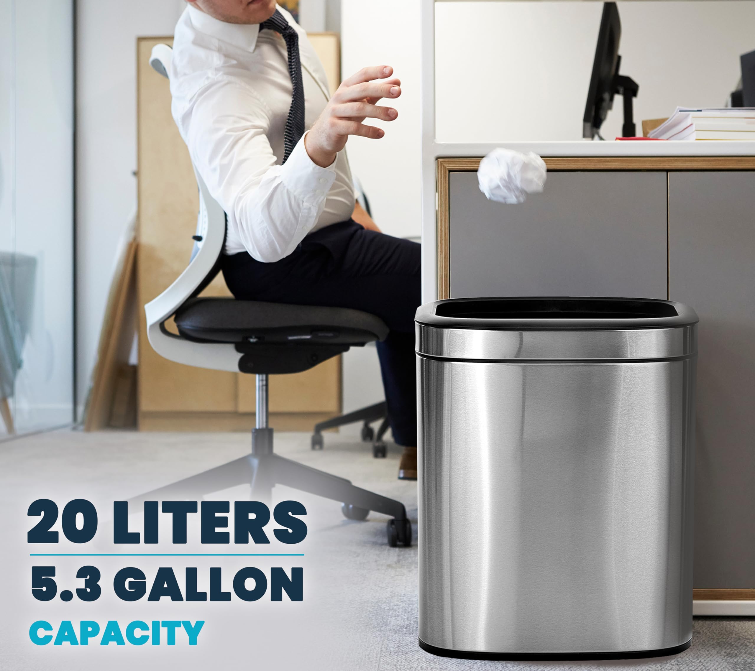 Alpine 20 Liter /5 Gallon Trash Can Open Top - Slim Stainless Steel Trash Can No Lid, Modern Silver Metal Wastebasket, Narrow Trash Can with Removable Trash Bin for Office Desk, Kitchen, Bathroom