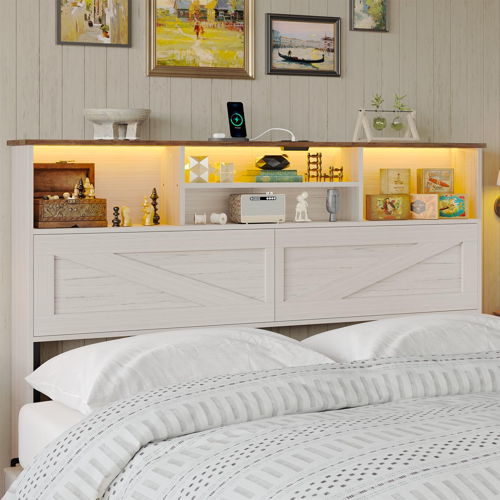 AOGLLATI Farmhouse King Headboard Only with Charging Station & Led Lights, King Size Headboard Only with 2-Tire Bookcase Storage Space for Bedroom, Easy Assembly, White