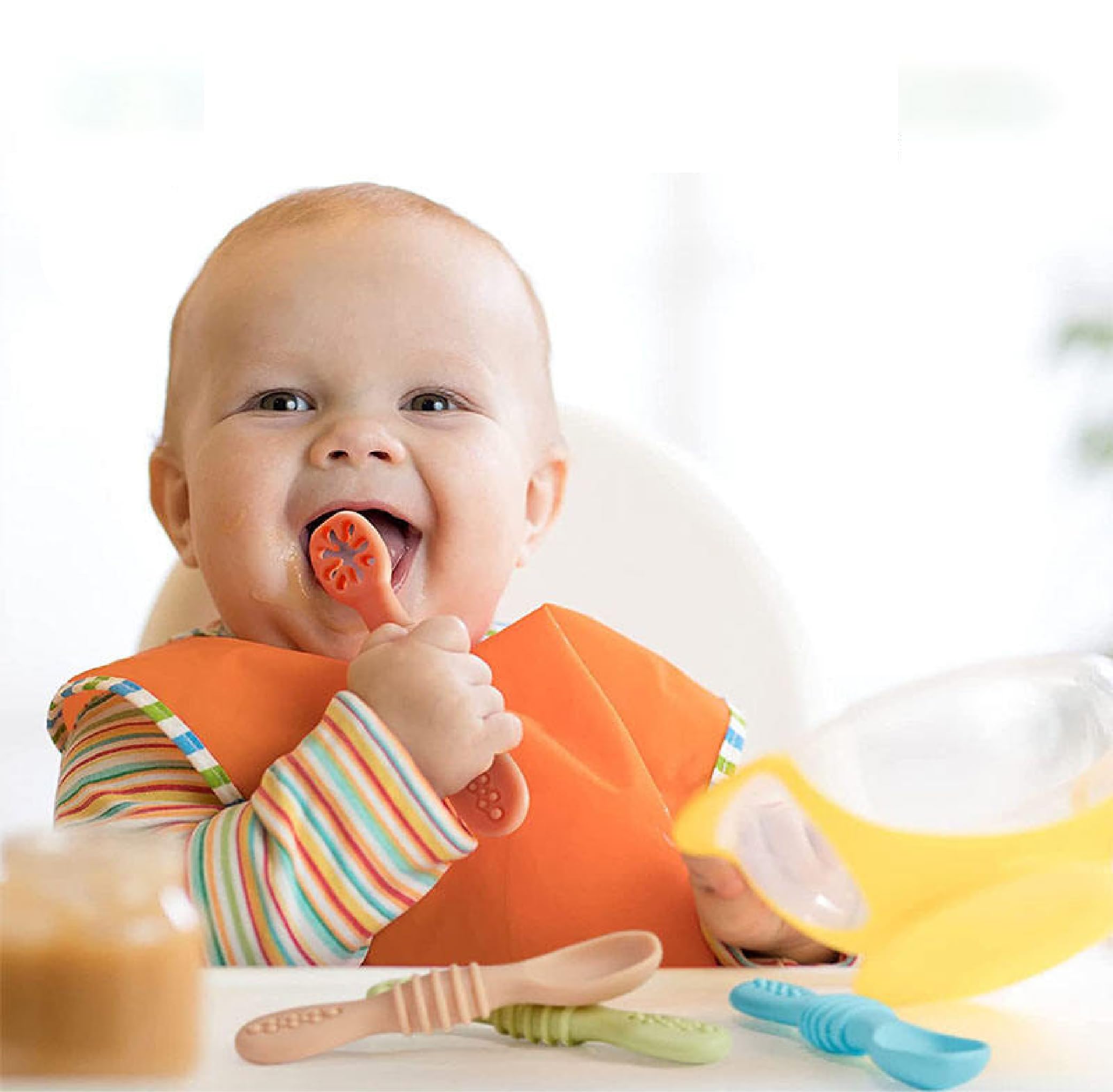 JuLe Self Feeding Baby Spoon Set (NEW Pre-Stage 1 + Stage 1) Silicon, Infant, Toddler, Weaning (Pink Camo, Set of 4)