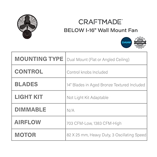 Craftmade BW116AG3 Bellows I Retro-inspired 16" Outdoor Wall Mount Patio Fans with Heavy-duty, 3-speed Oscillating Motor, Aged Bronze Textured