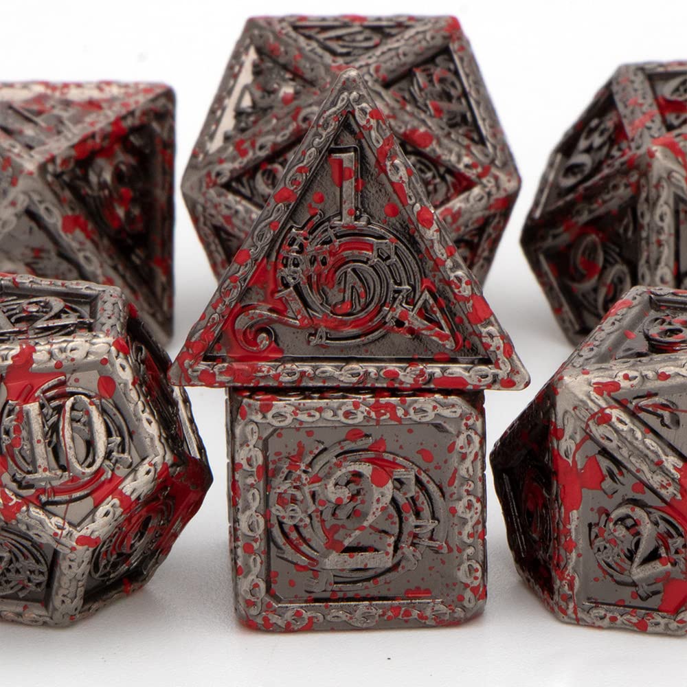 D&D Dice Set for Dungeons and Dragons, RUNFNG 7PCS Metal DND Dice Set D20 D12 D10 D8 D6 D4 D%, Blood Spatter D and D Polyhedral Dice Set for RPG Role Playing Table Game, Warhammer with Gift Box…