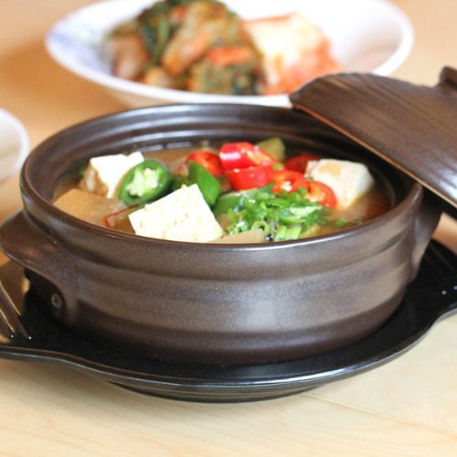 Crazy Korean Cooking Korean Stone Bowl (Dolsot), Sizzling Hot Pot for Bibimbap and Soup - Premium Ceramic (Medium with Lid)