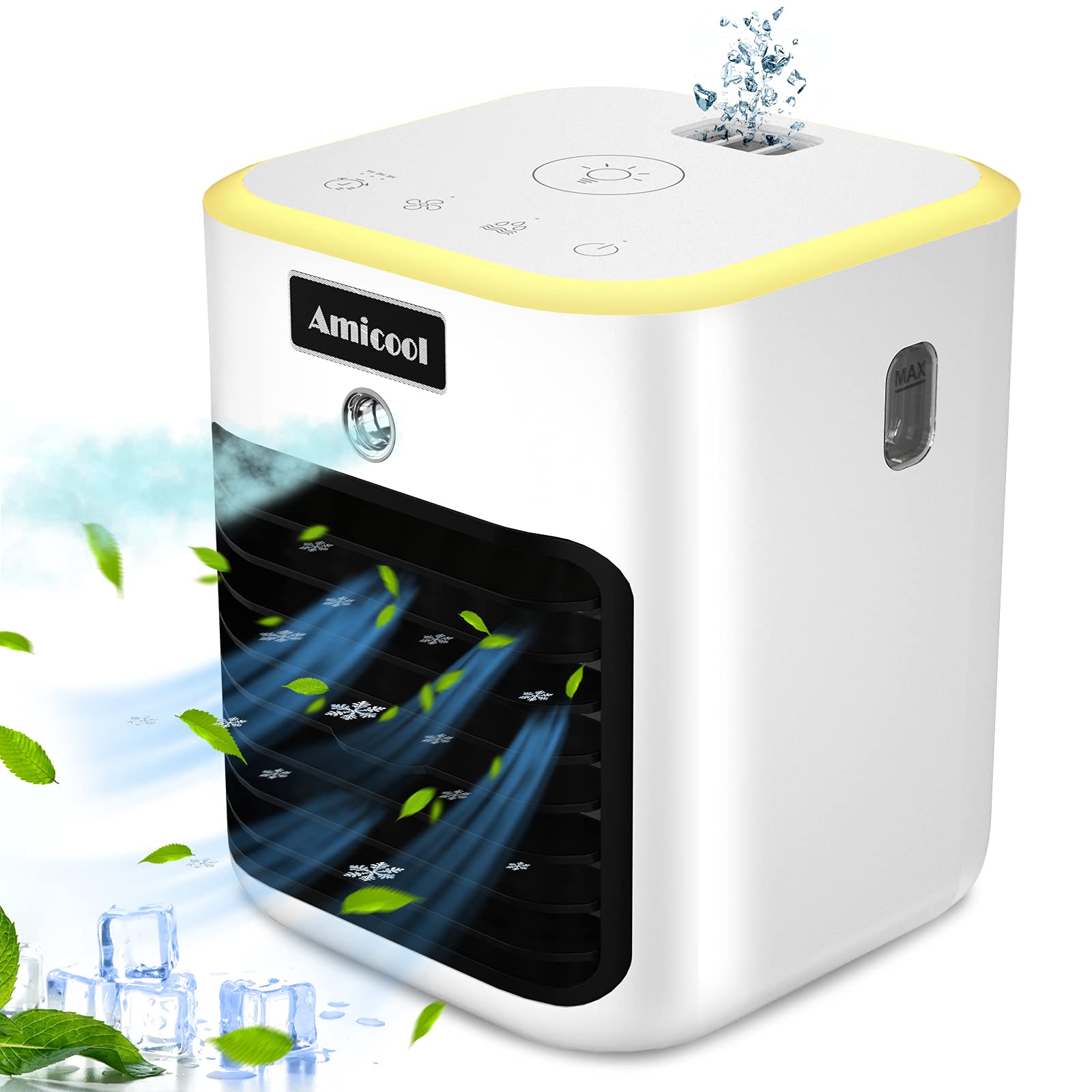 Amicool Portable Air Conditioner, Air Conditioner Fan with 3 Speeds, Personal Air Cooler with light for Home Office and Room, White (YB88)
