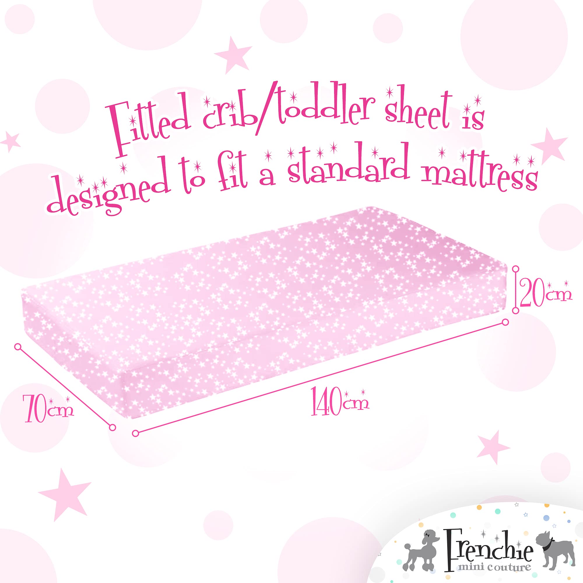 Frenchie Mini Couture Fitted Crib Sheets 100% Woven Cotton Fits Toddler Mattress, Pink Stars, 70 x 140 x 20cm, 2-Pack