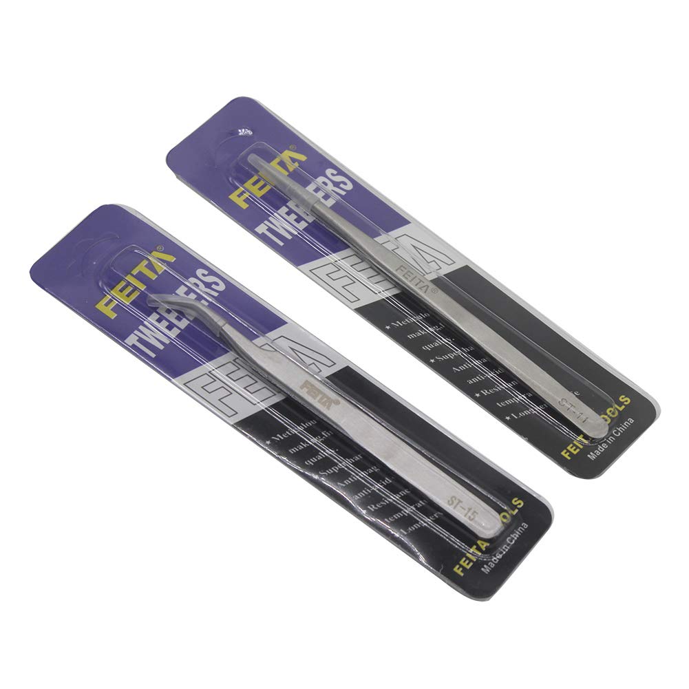 Best Eyelash Extension Tweezer Set - FEITA Pro Straight & Curved Pointy Precision Fine Tip Tweezers for Lash Extensions - Silver - 2Pcs