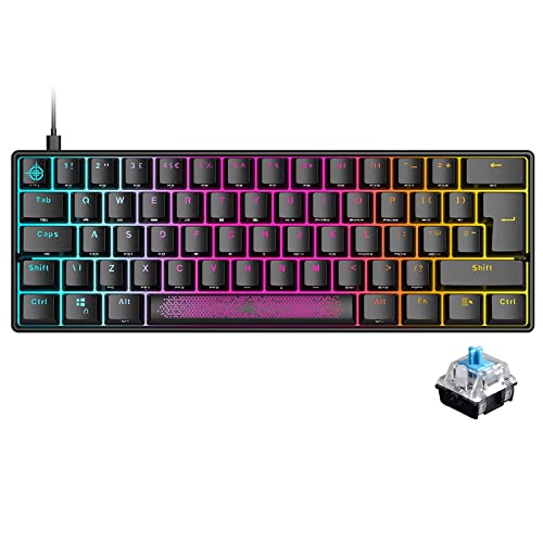 60% Mechanical Gaming Keyboard Mini Portable with RGB Backlit Full Anti-Ghosting 61 Key Ergonomic Metal Plate Wired Type-C USB Waterproof for Typist Laptop PC Mac Gamer(Black Keycap/Blue Switch)