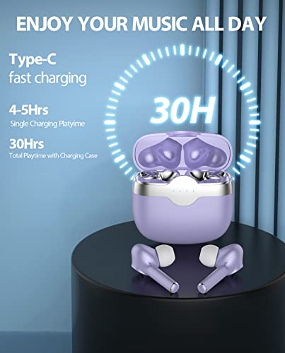 Bluetooth 5.3 Wireless Earbuds, Deep Bass Sound Clear Call, Noise Cancelling with 4 Microphones, 30H Playtime, IPX7 Waterproof Protection, Comfortable Wearing, Compatible with iPhone Android, Purple
