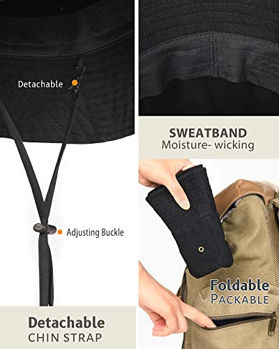 Camptrace Bucket Hat for Women Men Canvas Washed Cotton Trendy Distressed Womens Summer Beach Sun Hats with Detachable String (Black, Large)