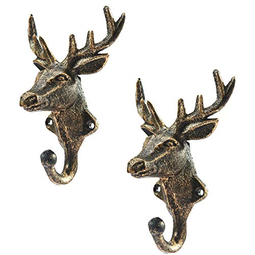 Set of 2 Cast Iron Heavy Duty Rustic Vintage Finish Deer Head Decorative Key Coat Towel Wall Hook Vintage Metal Wall Mounted Decorative Wall Hanger Nature Lovers Gift Idea (Deer Head)