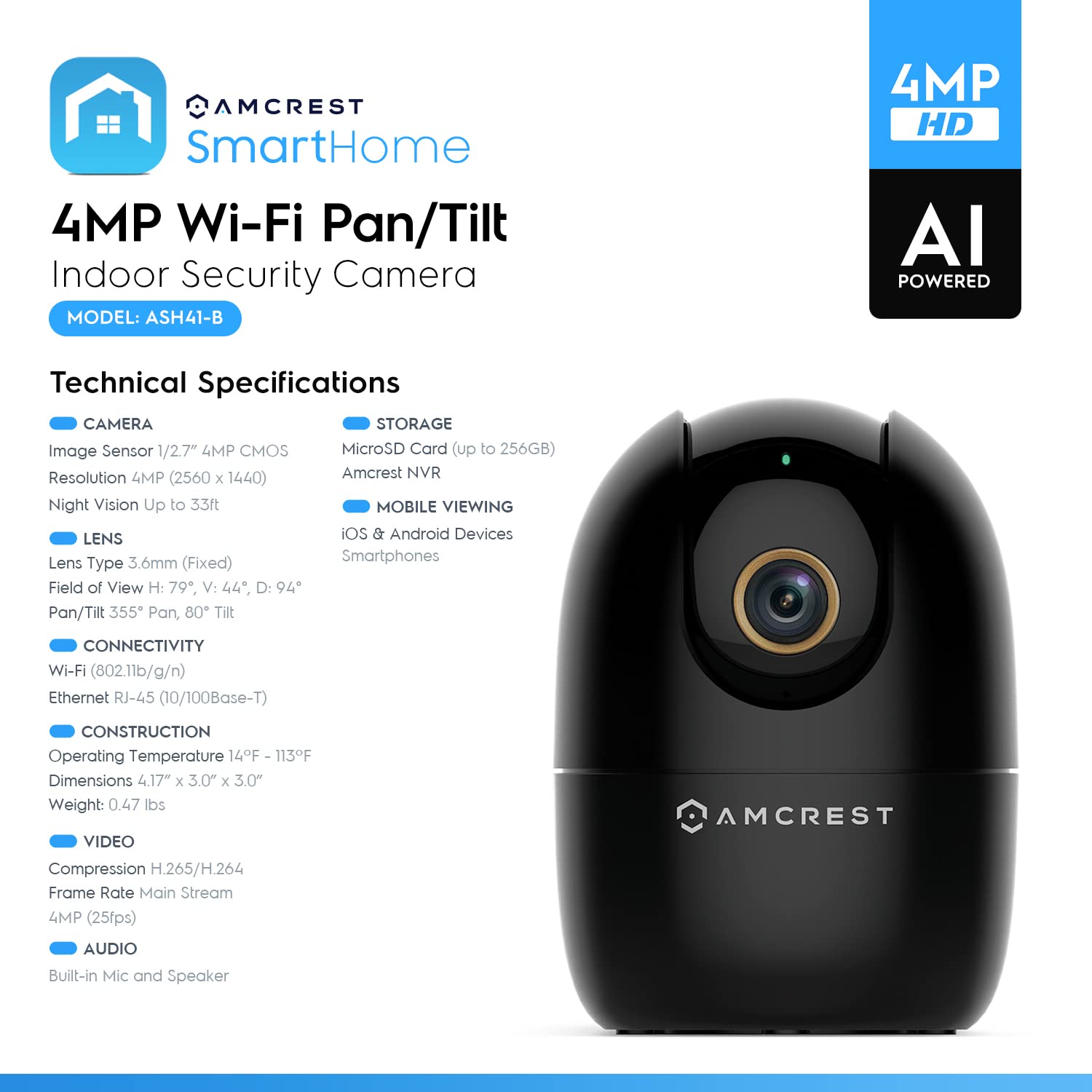Amcrest 4MP WiFi Camera Indoor, Dog Camera, Sound & Baby Monitor, Human & Pet Detection, Motion-Tracking, w/ 2-Way Audio, Pan/Tilt Wireless IP Camera, Night Vision, Smart Home ASH41-B