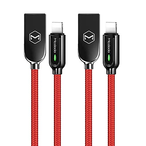 Upgraded Power Off/On Smart LED Auto Disconnect Nylon Braided Sync Charge USB Data 6FT/1.8M Cable Compatible iPhone/iPad Pro/Air,iPad Mini,iPod (2 Pack Red (iPhone), 6FT)