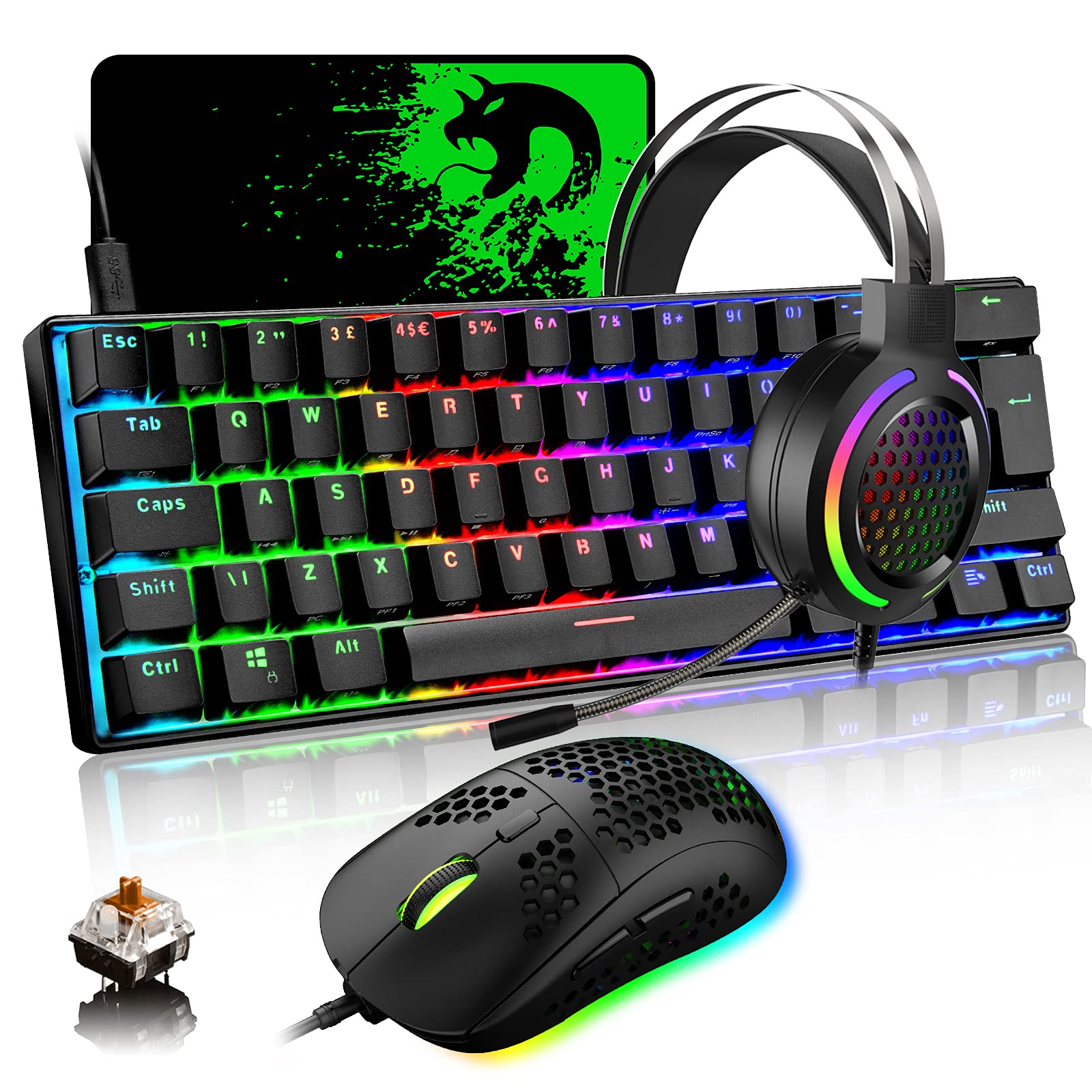 60% Mechanical Gaming Keyboard Mouse and Headset Combo with Rainbow Backlit Anti-ghosting 61 Key Adjustable Microphone 6400DPI Honeycomb Mice USB Wired for PC Mac Gamer Typist(Black RGB/Brown Switch)