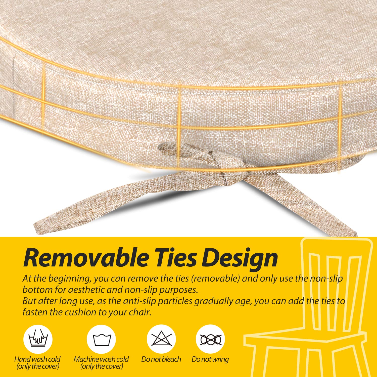 AAAAAcessories Square Chair Cushions for Dining Chairs with Ties and Removable Cover, 2" Thick Dining Kitchen Chair Pads, Indoor Dining Room Chair Cushions, 16" x 16", Set of 2, Beige