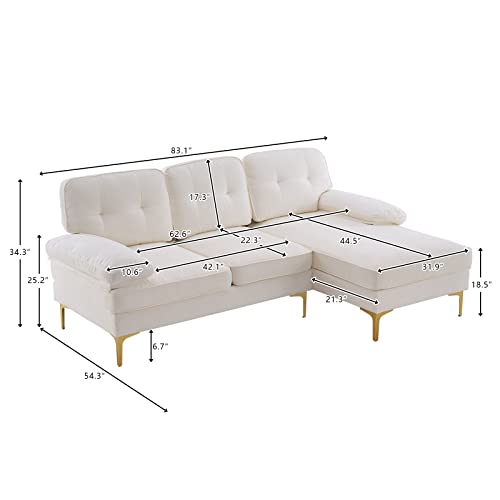 POULEII Sectional Sofa,Modern L-Shape Modular Sectional Sofa Sleeper Couch with Chenille Fabric and Gold-Plated Feet for Living Room, Apartment, Office,Creamy-White