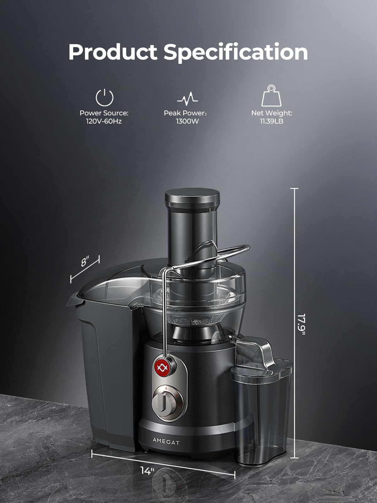 AMEGAT Juicer Machines Vegetable and Fruit, 1300W Powerful Juice Extractor Machine, Whole Fruit Juicer With 3.2" Wide Mouth Food Chute, 2 Speeds, High Juice Yield, 100% BPA-Free