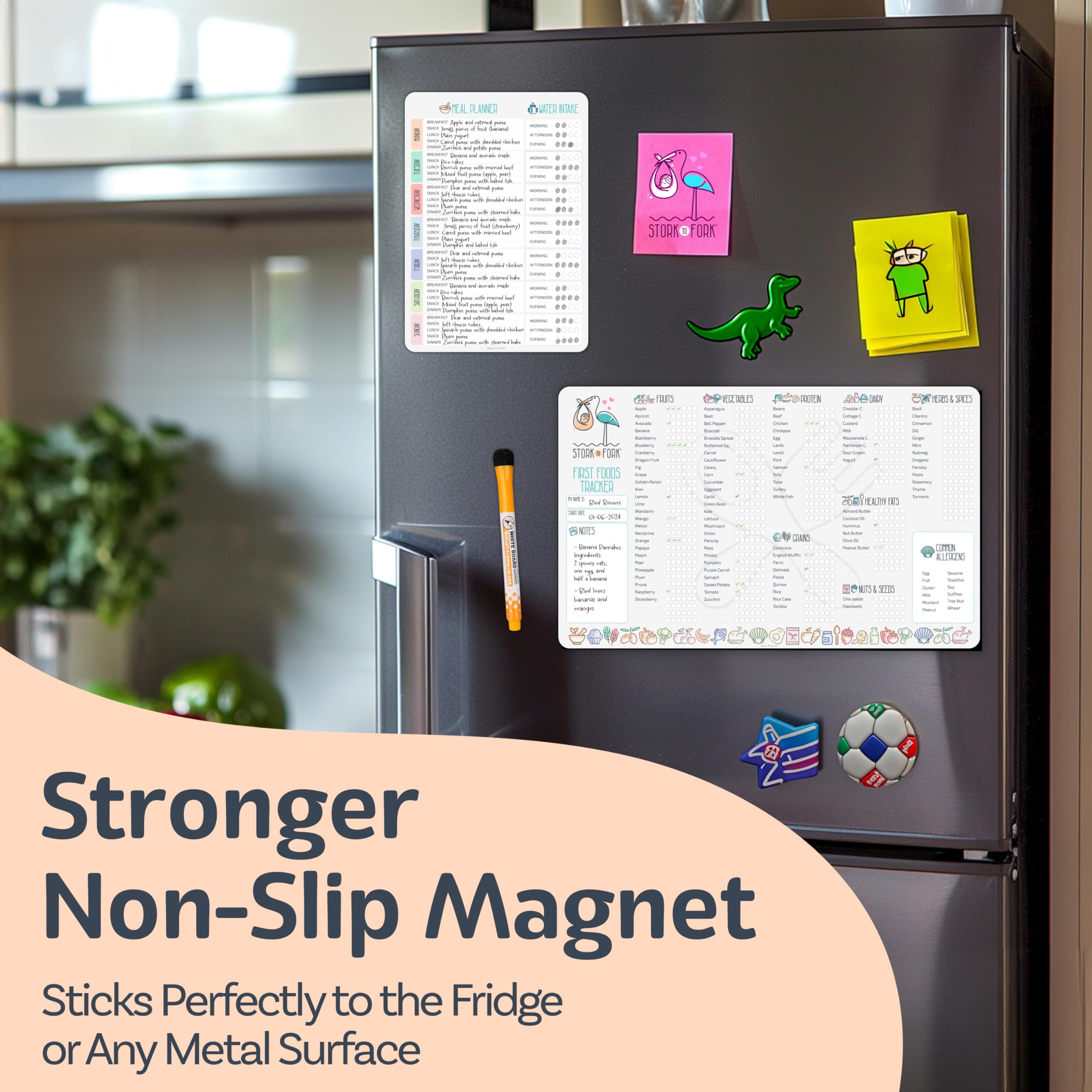 Baby First Food Tracker, Magnetic Meal Planner, Fridge Grocery Shopping List Chart (3 in 1) - Dry, Erase Menu Planner, Strong Stickiness on Refrigerator - 11.6โx8.2โ, Gray- Baby's Led Weaning Supplies