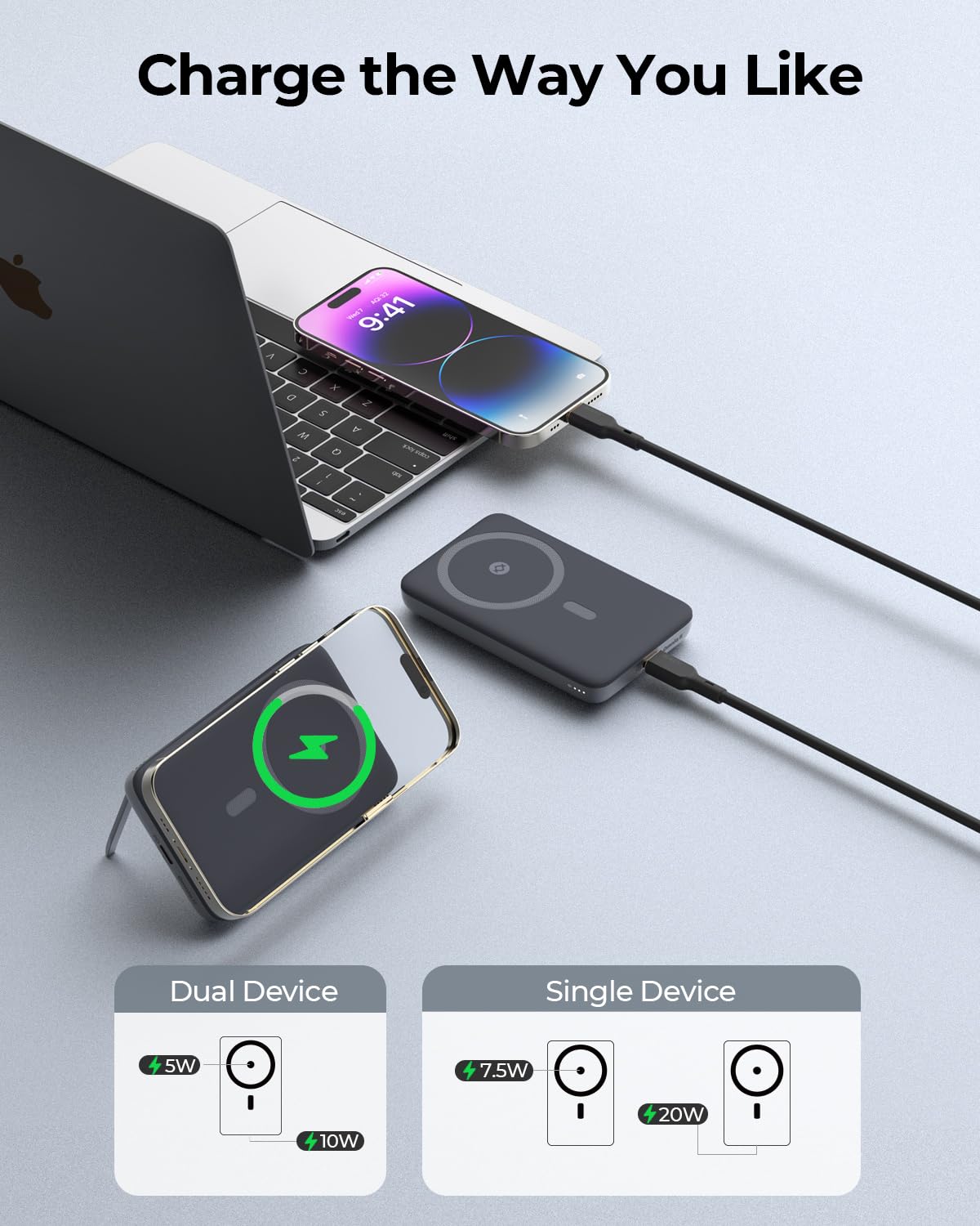 AMEGAT Magnetic Battery Pack 6700mAh for MagSafe, Foldable Kickstand Wireless Portable Charger with 20W USB-C Fast Charging, Only for iPhone 15/15 Plus/15 Pro/15 Pro Max, iPhone 14/13/12 Series