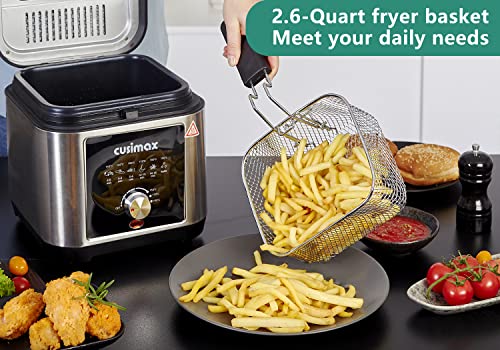 CUSIMAX Deep Fryer with Basket 2.6Qt 1200-Watt Electric Deep Fryer For the Home, with Drip Hook, Removable Lid, View Window and Oil Filtration Deep Fat Fryer