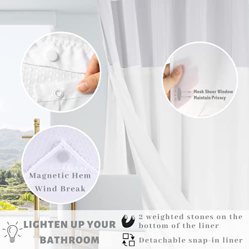 Ecoehoe Hotel Grade Waffle Weave Fabric Hook Free Shower Curtain with Magnets Snap-in Liner - Heavy Duty Bath Curtain with See Through Top Machine Washable 71" W * 79“ L White