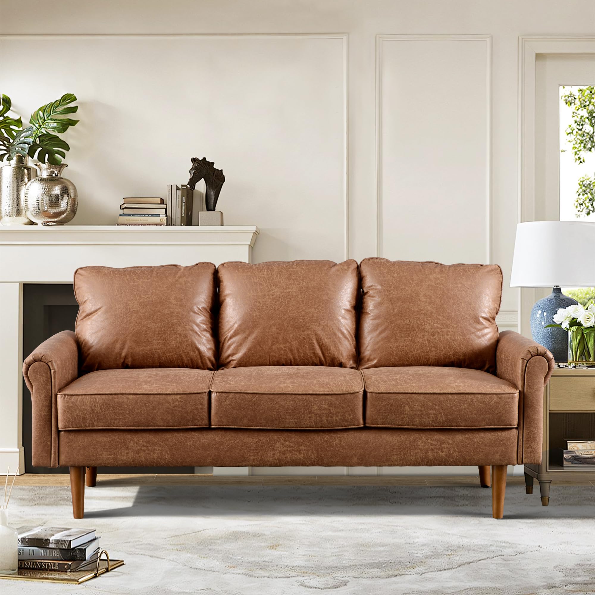 ALTRIGUS 3 Seater Couch with Luxury Faux Leather,Mid Century Modern Sofa with Comfortable Deep Seat,Comfy Upholstery Couches with for Small Space Living Room Bedroom (Brown)
