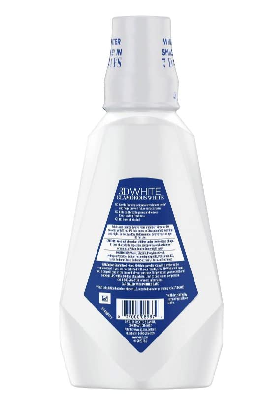 Crest 3D White Luxe Glamorous White Multi-Care Whitening Mouthwash, Fresh Mint (32 Oz, 3 Pk)