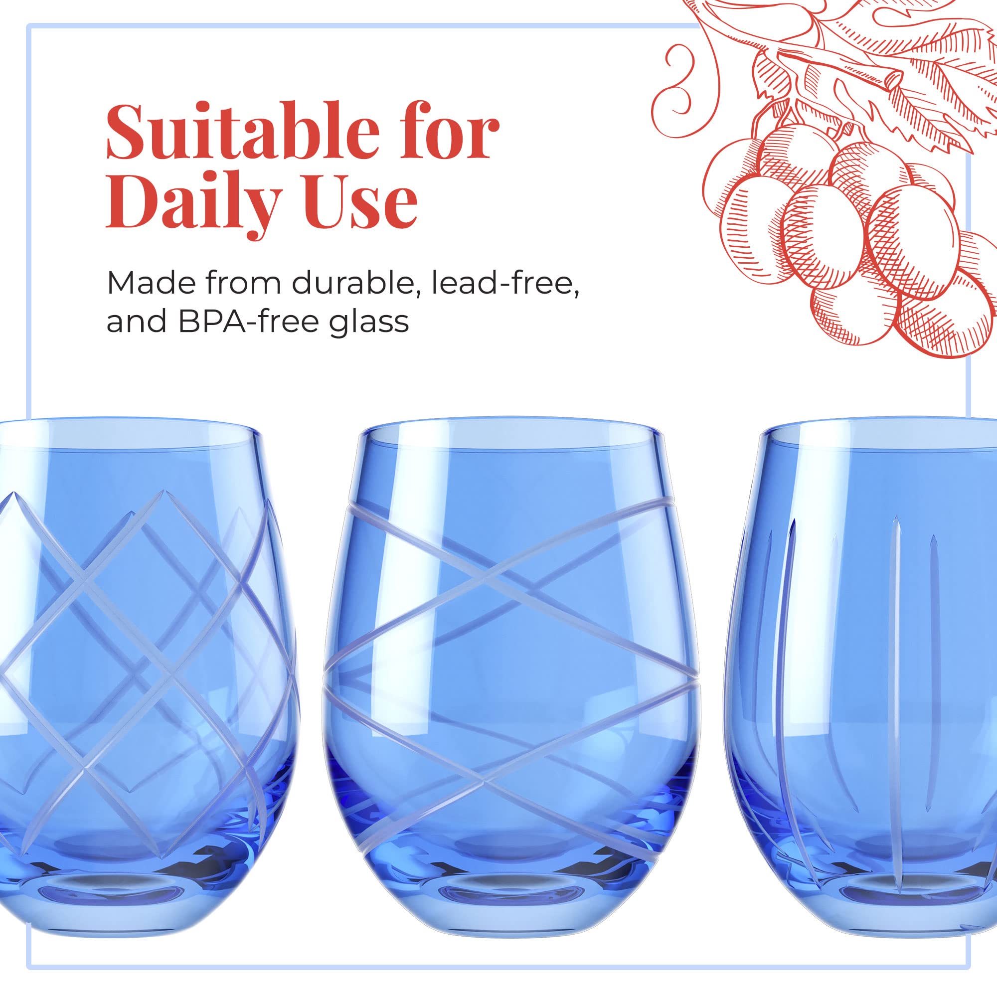 American Atelier Medallion Stemless Wine Glass Set of 6, 17 oz, Etched Patterns, Textured Glass Cups, Glasses for Red or White Wine, Stemless Goblets, Fifth Avenue Crystal, Blue