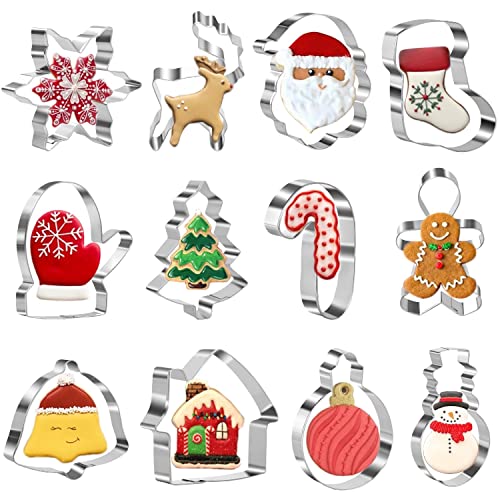 Crethinkaty Christmas Cookie Cutter Set 12 Pieces Stainless steel Gingerbread Man,Snowflake,Snowman,Christmas Tree,Reindeer and More Shape Xmas Cookie Cutters for Baking