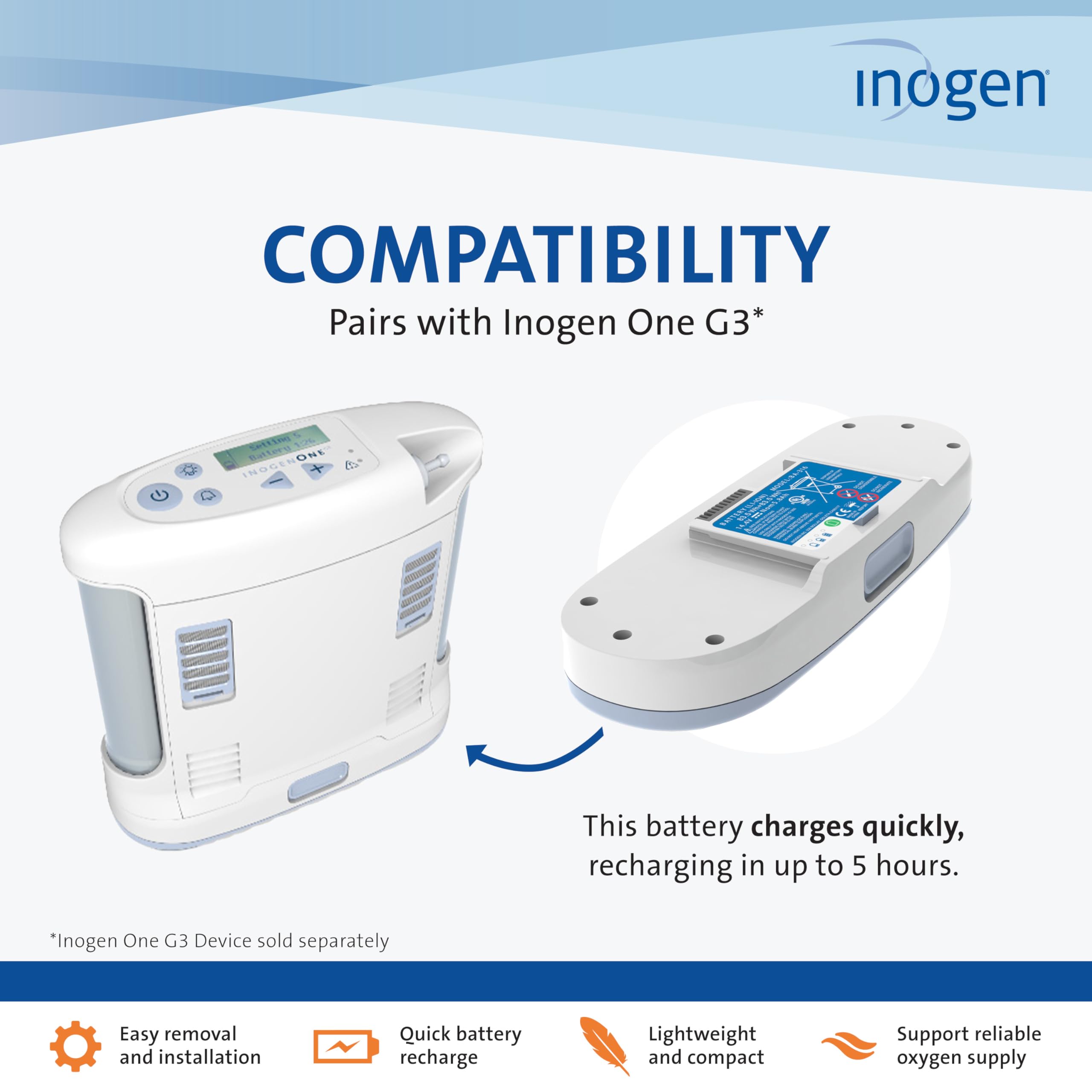 Inogen One G3 Standard (8-Cell) Battery - Portable Replacement Battery - Oxygen Accessory - for The Inogen One G3 β 1.3 lbs. β 8.75 x 3.0 x 1 in.