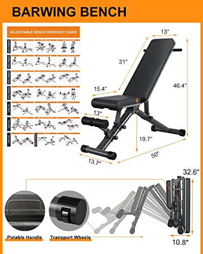 BARWING 10-5-4-2 Weight Bench Adjustable Exercise | 800 LB Heavy Incline Decline Bench Press for Home Gym More Stable and Posture Adjustments | 5 Min Easy Assembly Foldable Training Lifting Bench | Dragon Flag Handle for Abdominal Arm Workout