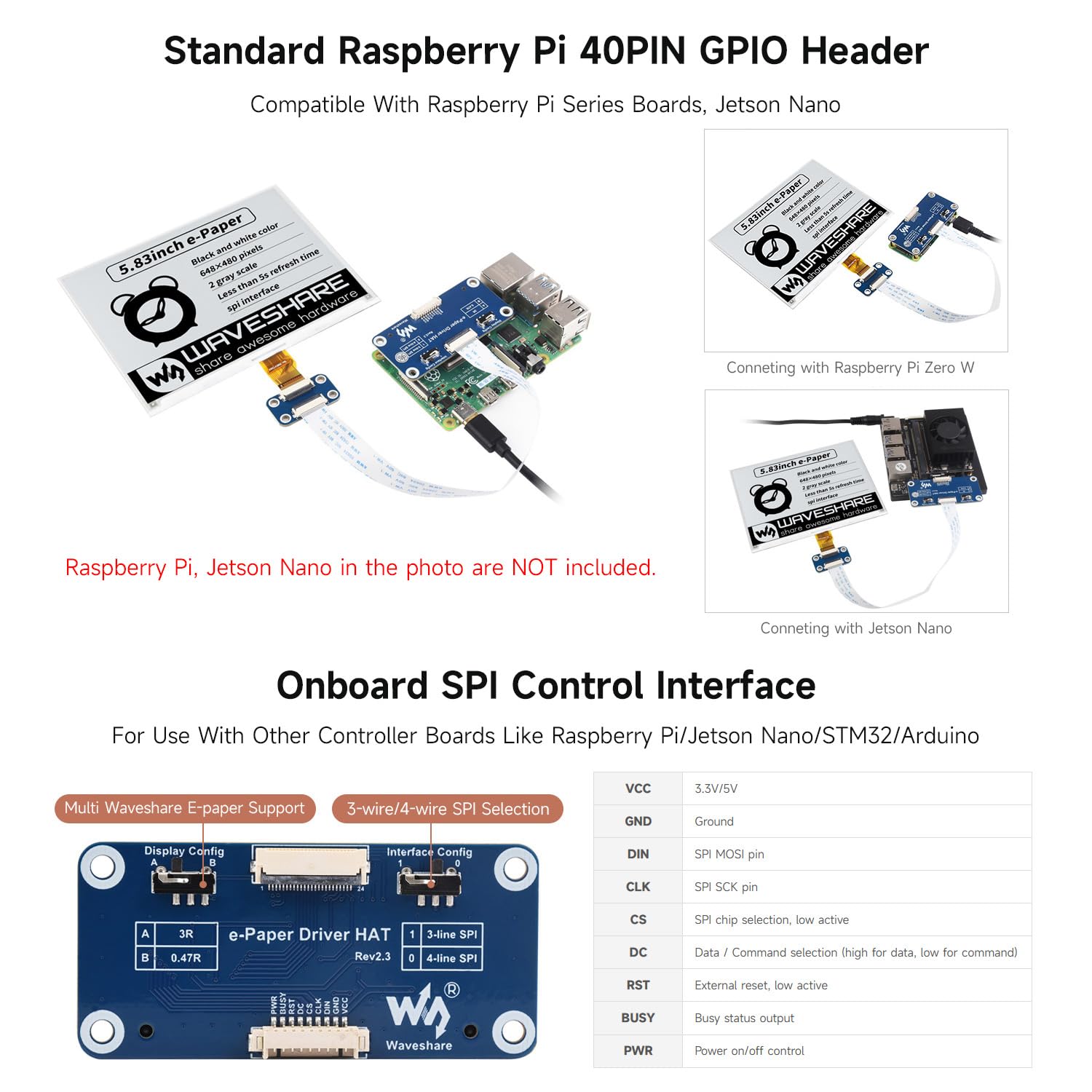 waveshare 5.83inch E-Paper E-Ink Display HAT Compatible with Raspberry Pi 4B/3B+/3B/2B/B+/A+/Zero/Zero W/WH/Zero 2W Series Boards 648×480 Pixels Black/White Dual-Color SPI Interface
