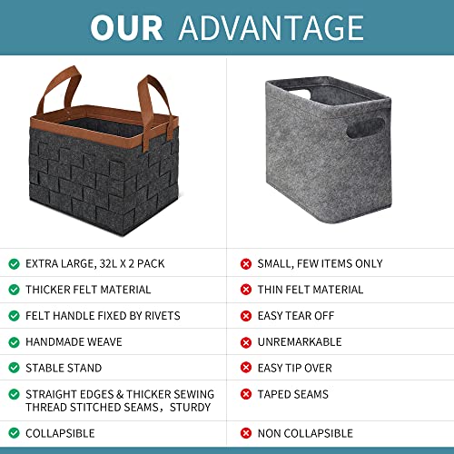 DAKCOS 2 Pack 32L Collapsible Felt Storage Basket,15.3"x11.8"x11.2" Felt Woven Basket with Felt Carry Handles for Toys,Towels,Clothes,Firewood etc.