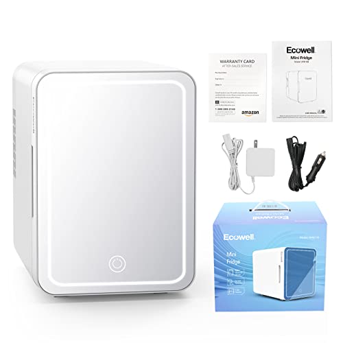 Ecowell WRE110 Mini Bedroom, 4L/6 Can Skincare Fridge with LED Mirror, AC/DC 12V Small Refrigerator for Skin Care Cosmetic Makeup Beauty Office Dorm Desk, White