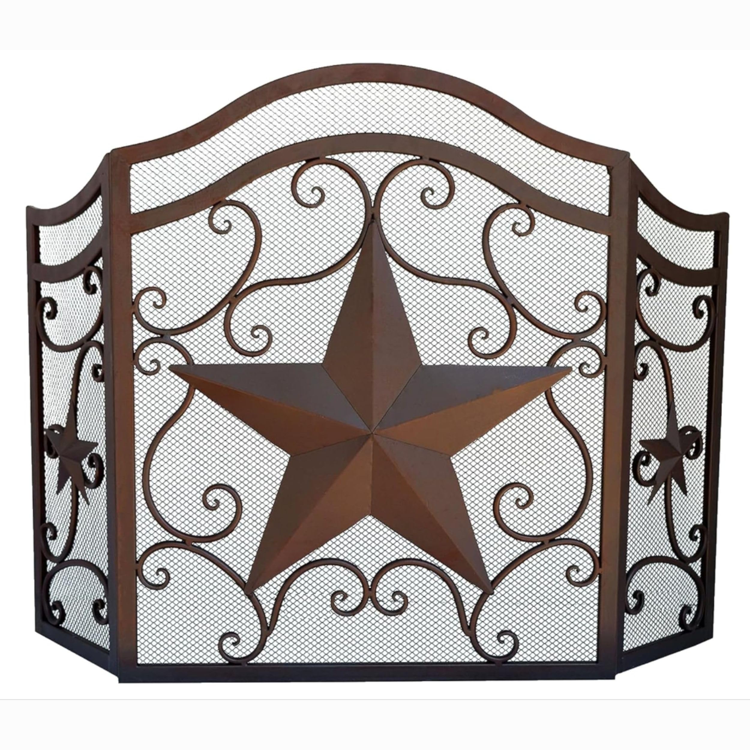 BestGiftEver 3-Panel Fireplace Screen Decorative with Stars & Scrolls Detail - Stand Alone Fireplace Cover Metal Mesh Screen - Home Decor for Cabin, Lodge, and Rustic Country Style Firescreen