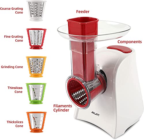 Electric Slicer, ASLATT Electric Cheese Grater for Home Kitchen Use, One-Touch Control Cheese Shredder, Salad Maker Machine for Fruits, Vegetables, Cheese Grater with 5 Attachments, 120V,White
