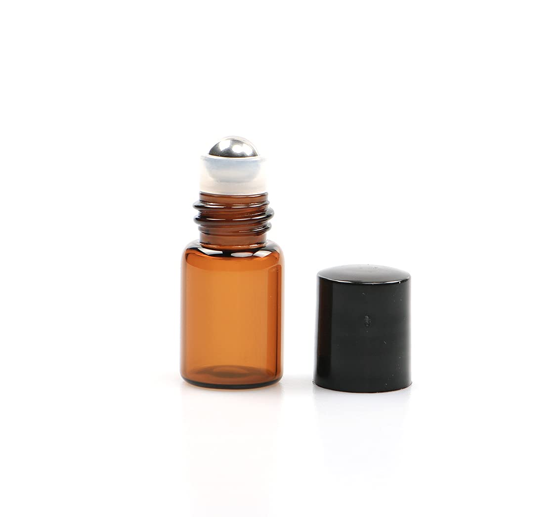 Furnido 25 Pack 2ml Amber Glass Roll on Bottle For Essential Oils,Perfume Vial with Stainless Steel Roller Ball,Black Caps Mini Sample Vials Cosmetics Small Container
