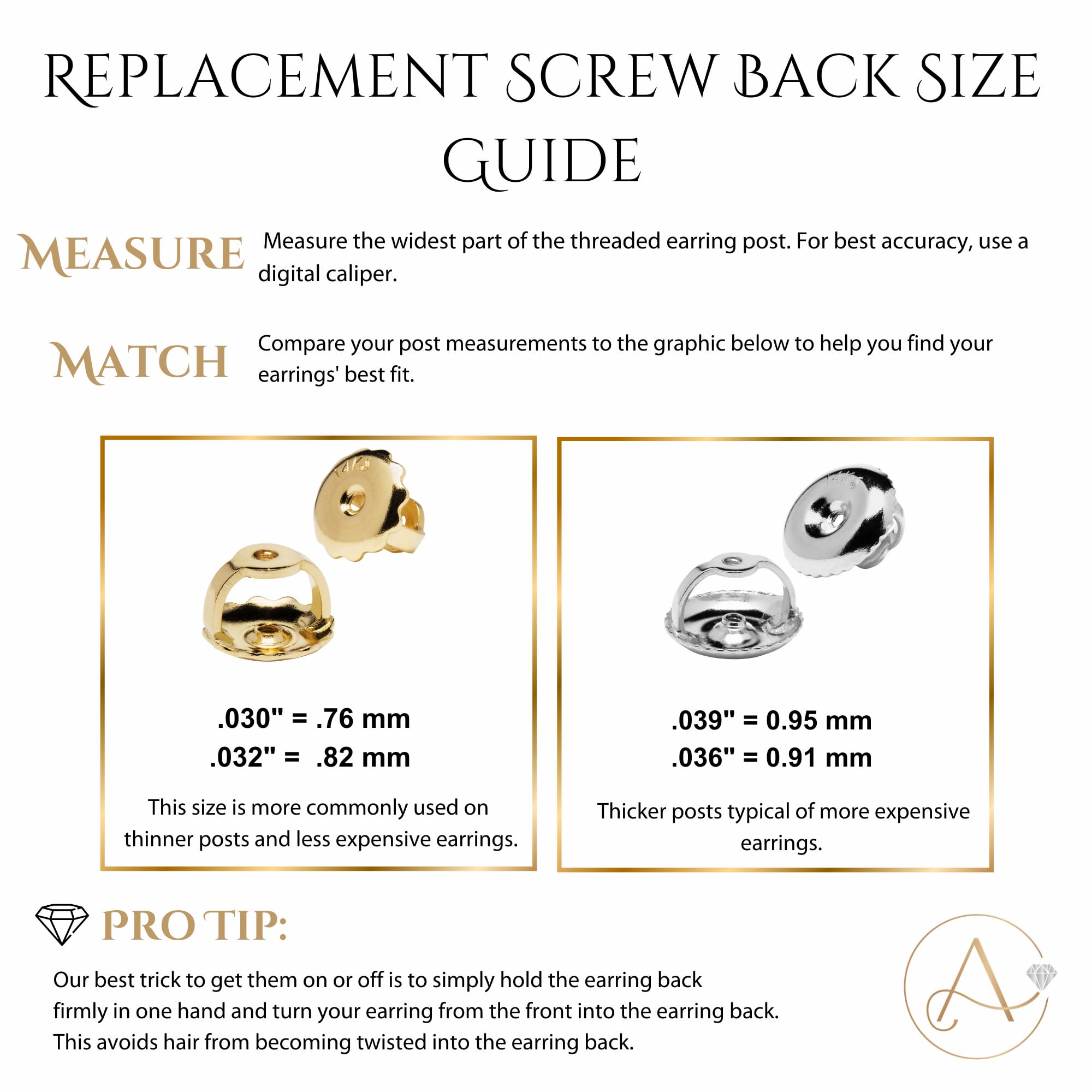 Adora Fine Jewelry Single 14K White Gold Earring Back Replacement | Threaded Screw On Screw Off | Quality Die Struck | Post Size .039" Pad Size 5.5 mm | 1 Back