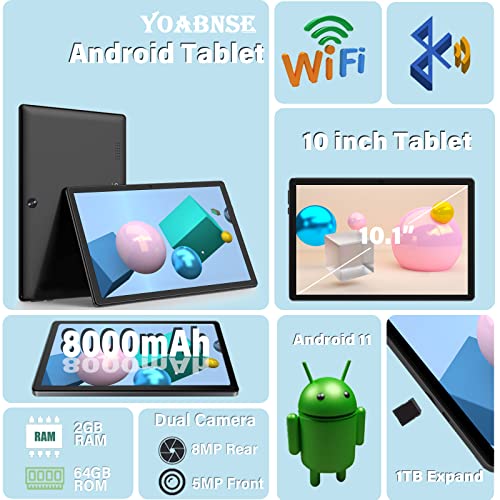 Android Tablet 10 inch, Android 11.0 Tablet, 2GB RAM 64GB ROM, 1TB Expand Android Tablet with Dual Camera, WiFi, Bluetooth, 8000mAh, HD Touch Screen, Google GMS Certifiedā¦